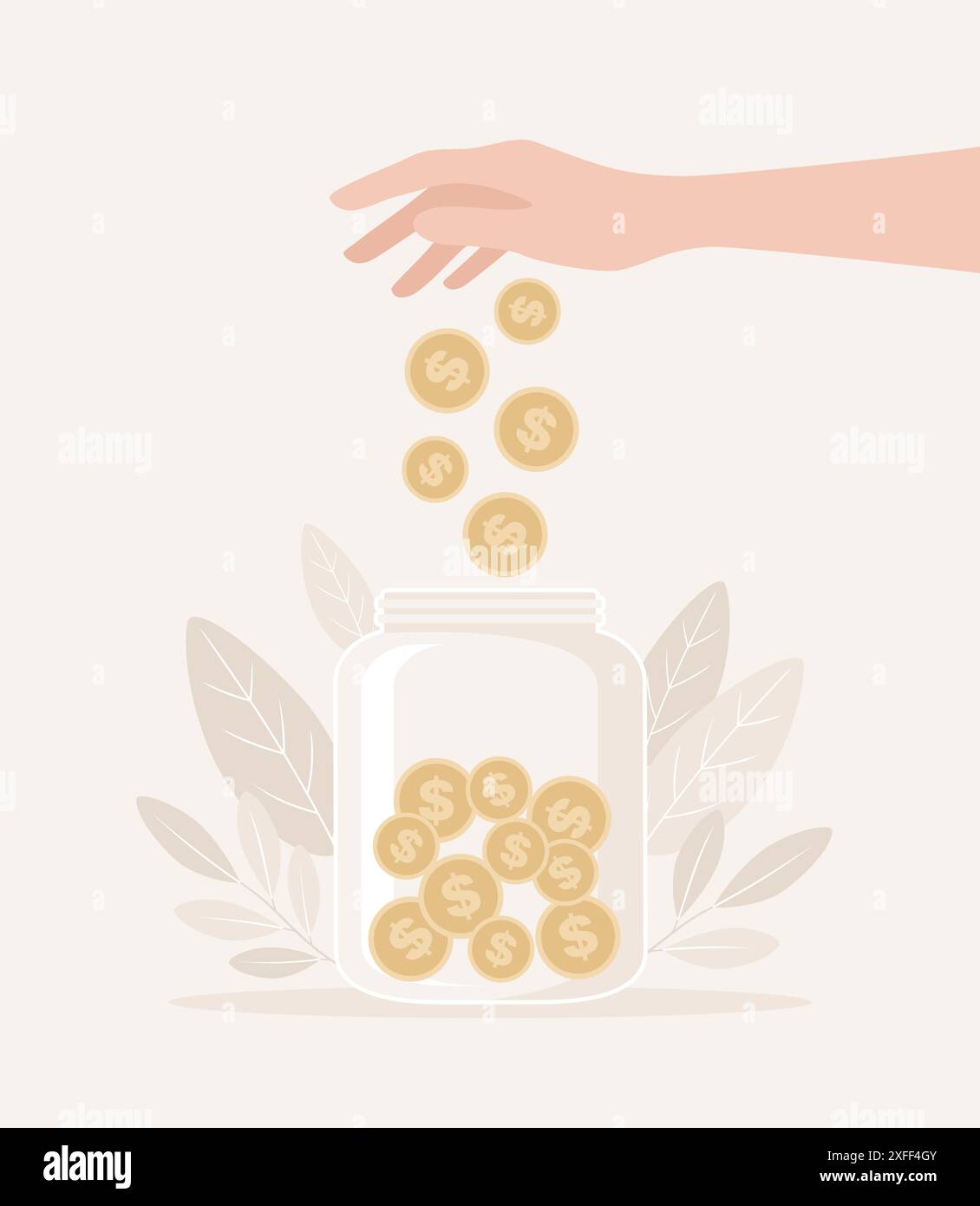 A hand dropping gold coins into a glass jar. Flat vector illustration ...