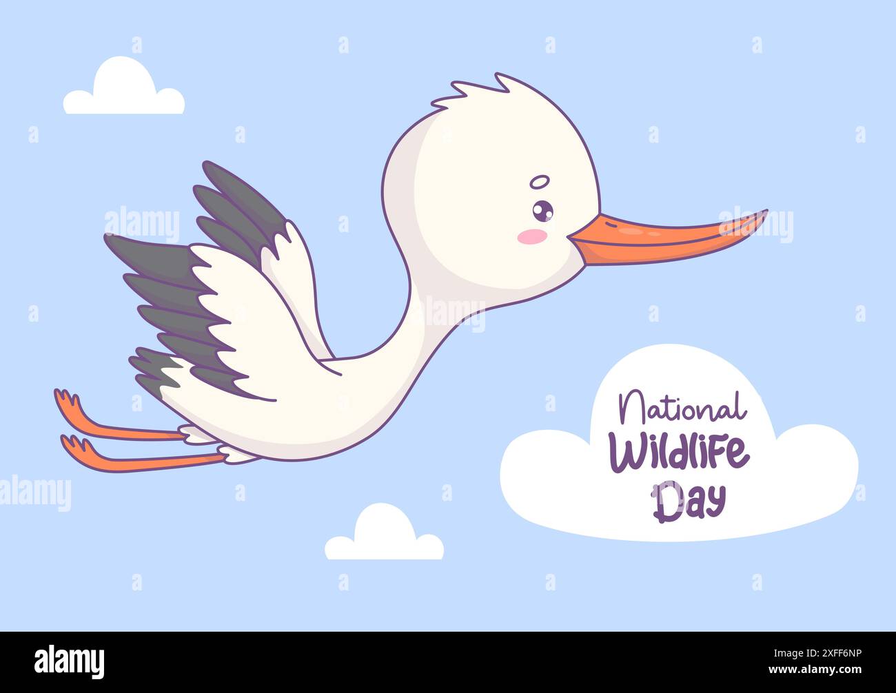 Cute flying white stork. Holiday poster national wildlife day. Festive ...