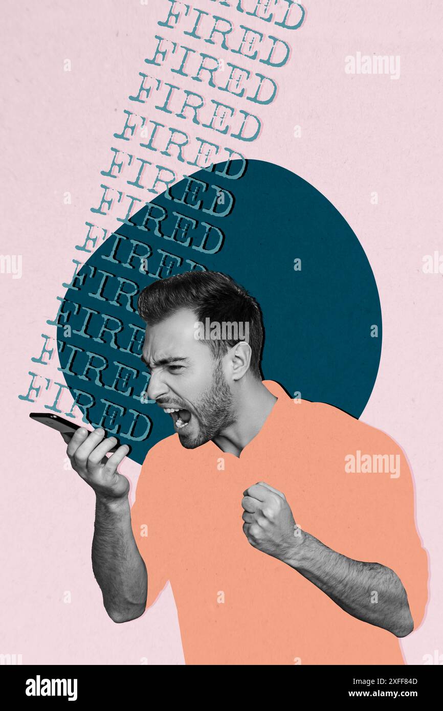 Vertical photo collage of angry unemployed man scream phone device cut ...