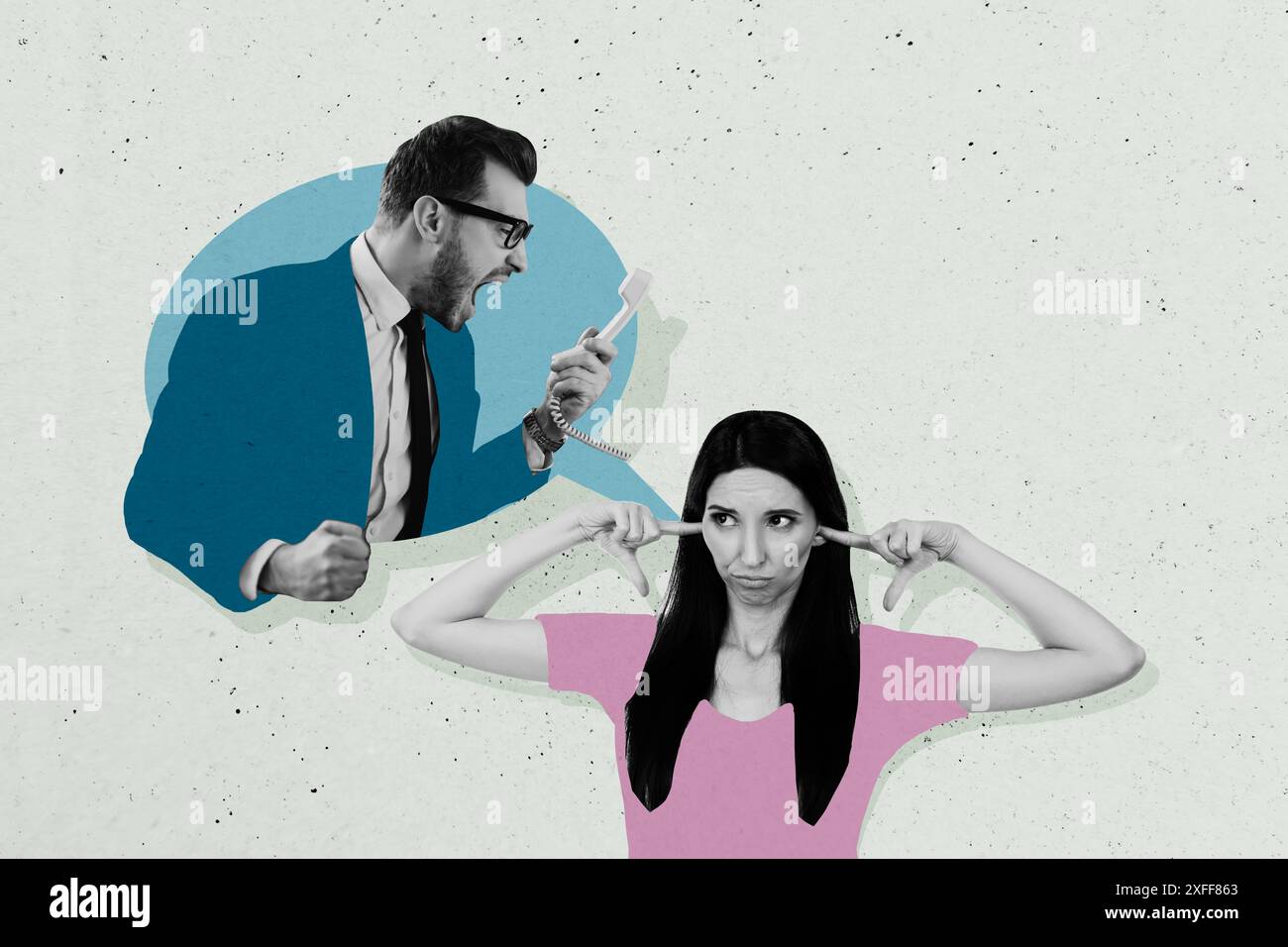 Composite photo collage of angry business man boss hold handset lazy ...