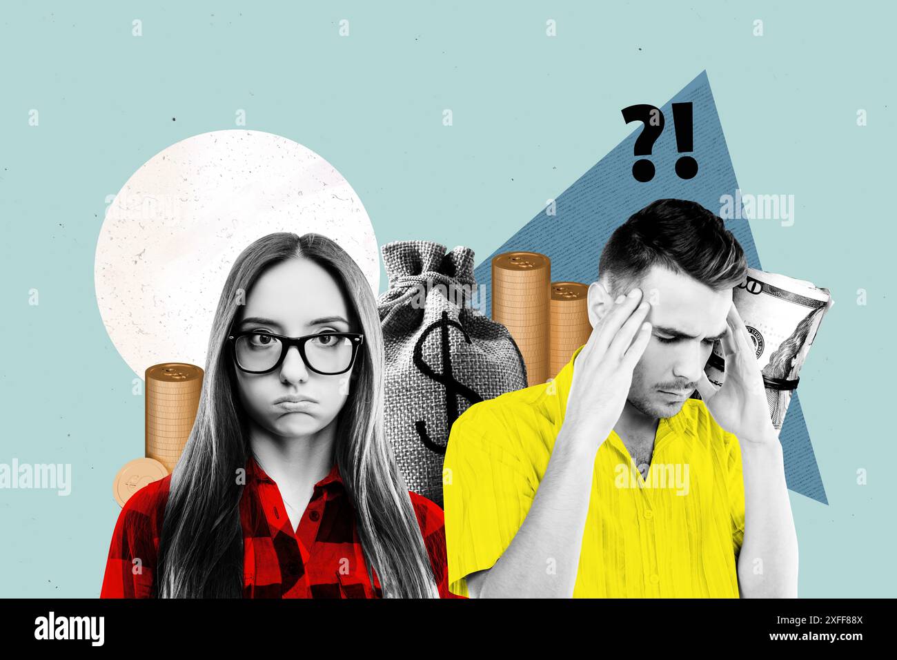 Composite photo collage of two sad business girl guy money dollar ...