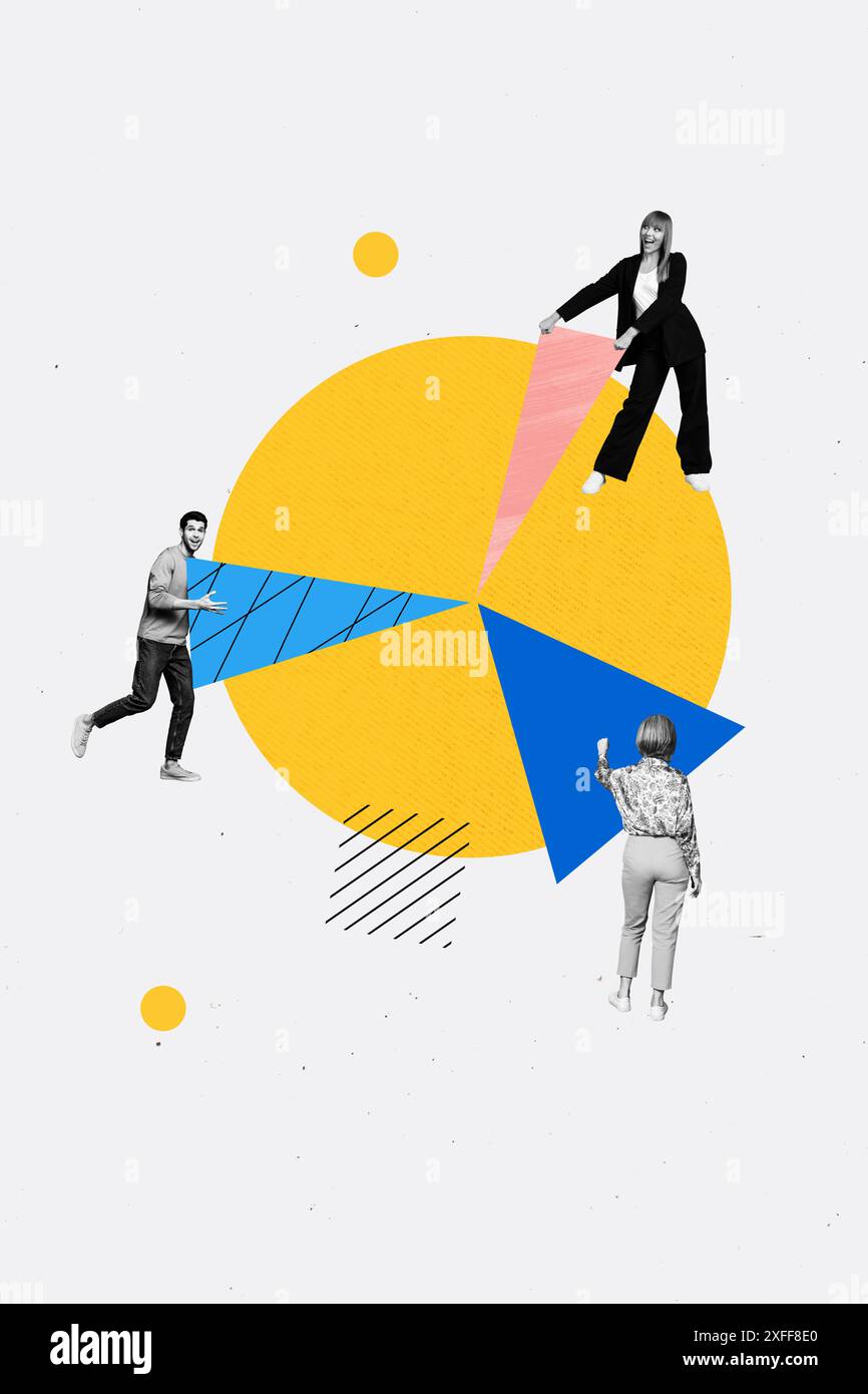 Vertical photo collage of happy business partners hold diagram pieces ...