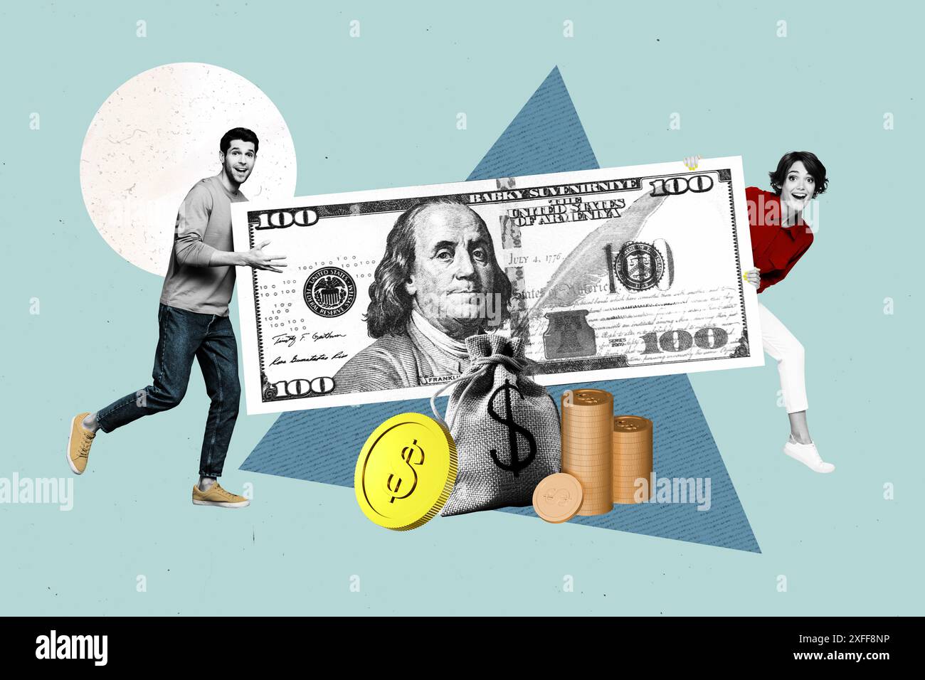 Creative collage young man woman business successful startup money ...