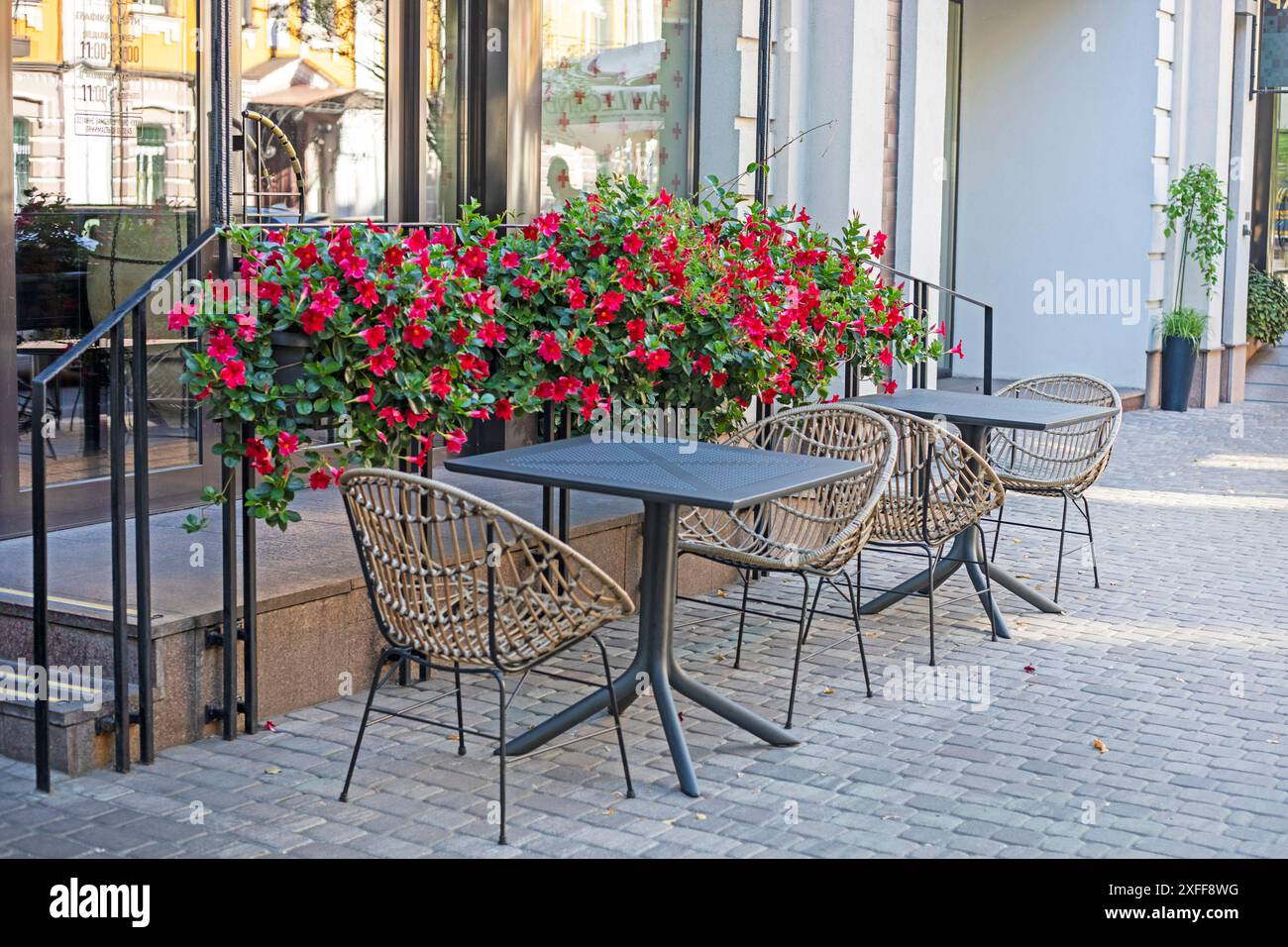 street cafe with wicker furniture and fresh red flowers. Daily ...