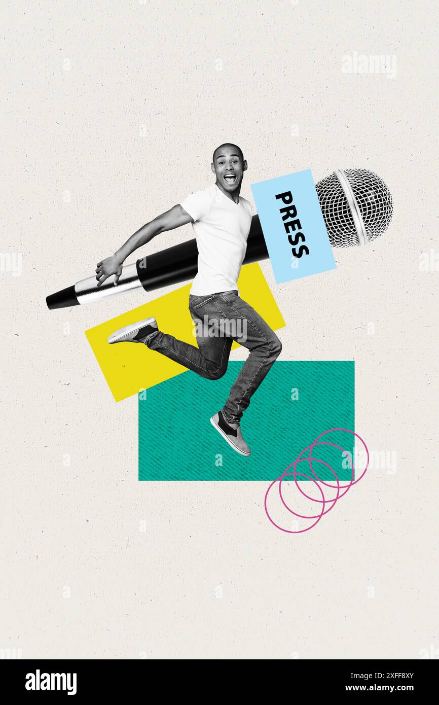 Composite collage picture image of funny man journalist running hold ...