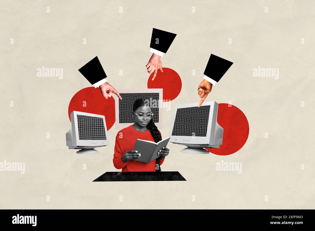 Composite photo collage of thoughtful american girl read book business ...