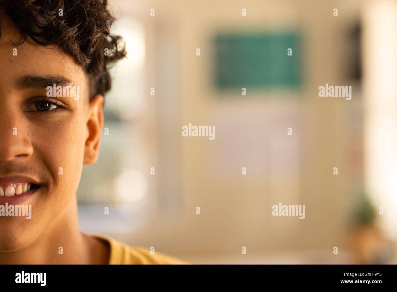 Smiling teenage boy in high school classroom, focusing on camera, close ...