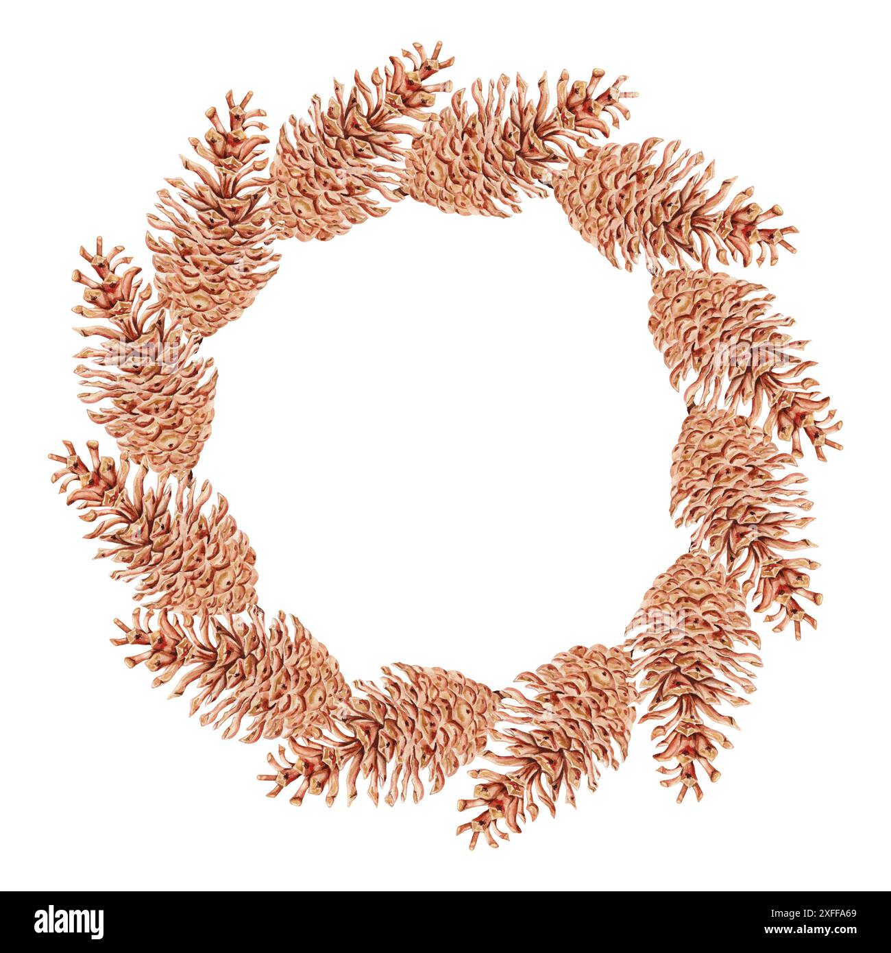 Christmas wreath made of detailed pine cones. Hand drawn watercolor ...