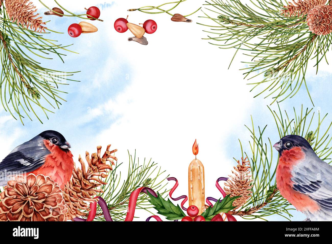 Christmas card with hand drawn pine branches and cones, ribbon ...