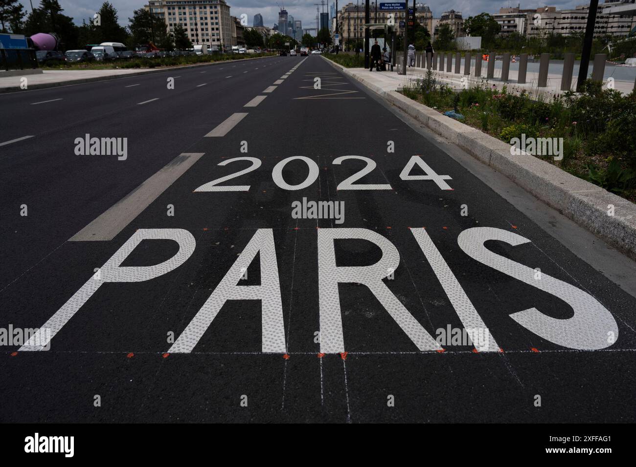 An Olympic priority lane is seen near the Paris 2024 media center ...