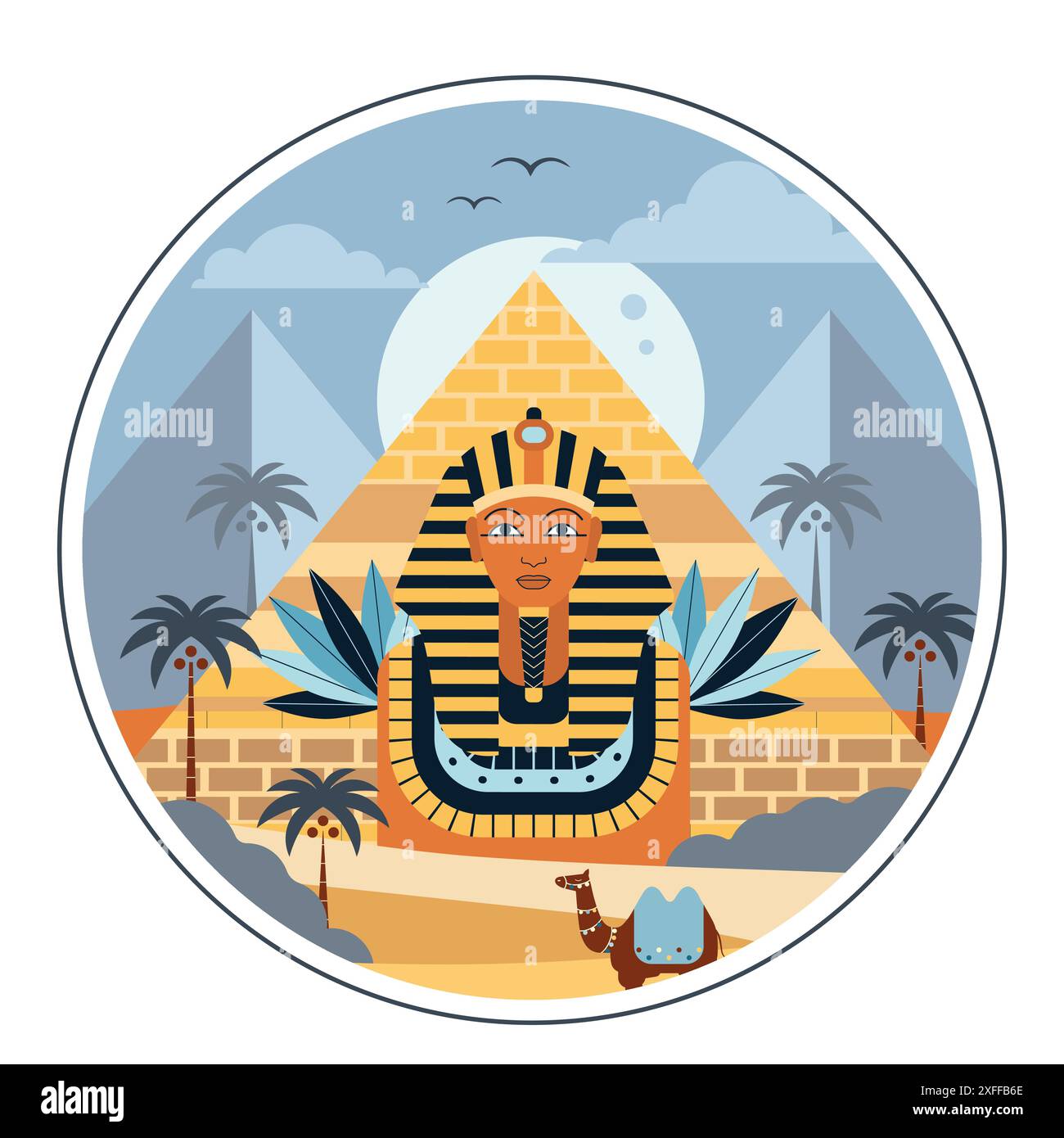 Pyramids and Sphinx in Egyptian Desert with Camels Stock Vector Image ...