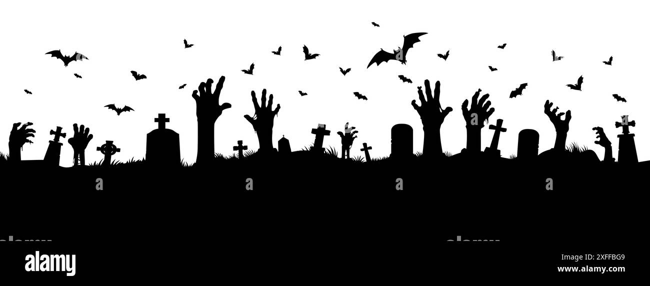 Zombie hands on cemetery silhouette, Halloween holiday and horror night vector background. Dead ...