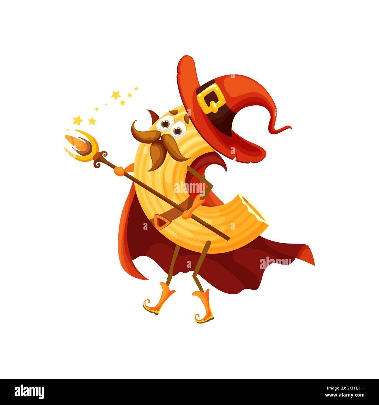Cartoon Halloween italian pasta wizard character with magic staff ...