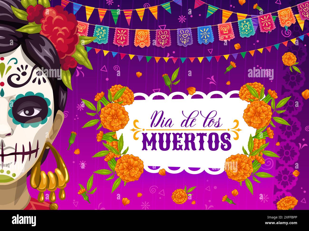 Mexican Day of the Dead holiday with marigold flowers, Catrina calavera ...