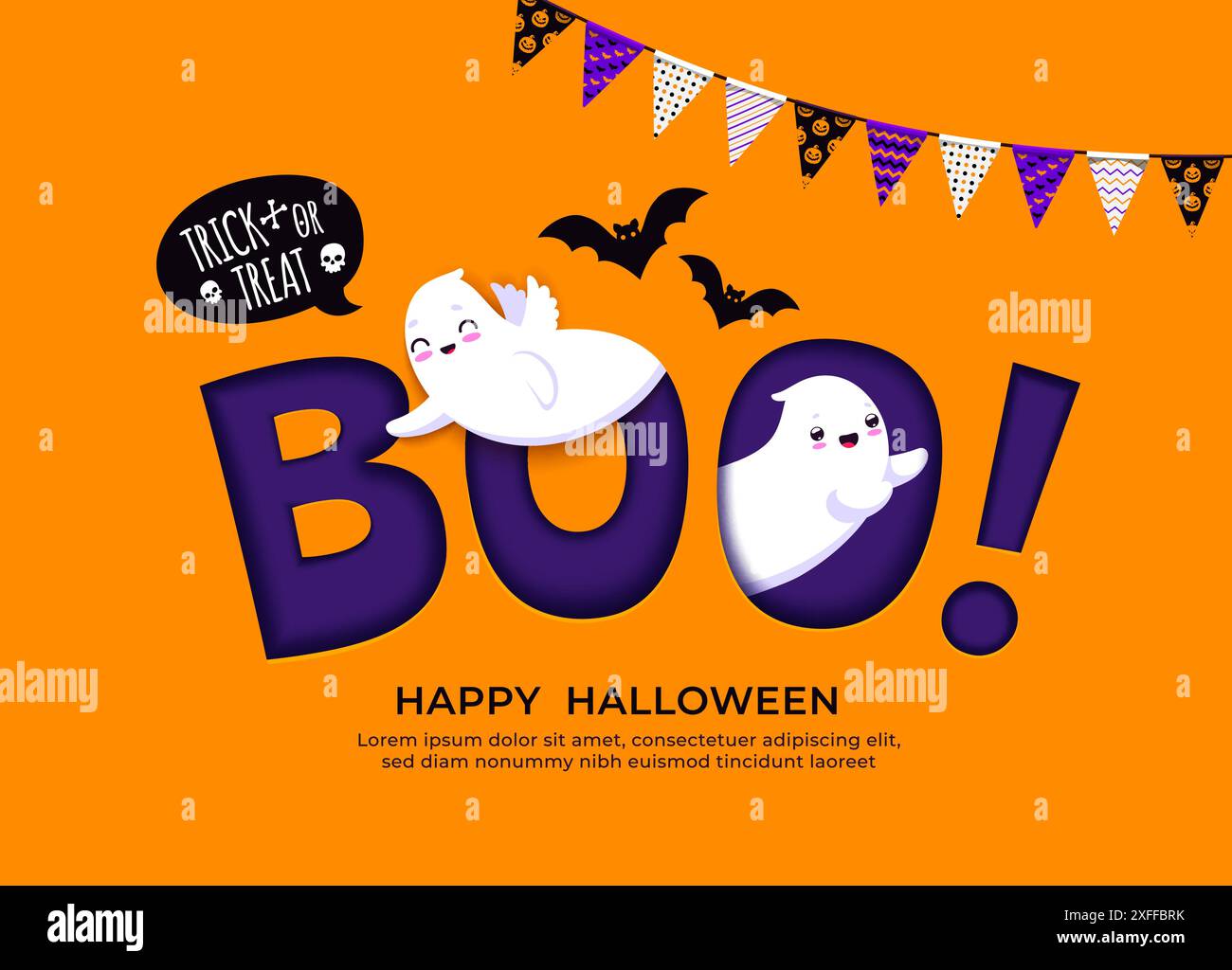 Boo paper cut Halloween holiday banner with funny ghosts and bats ...