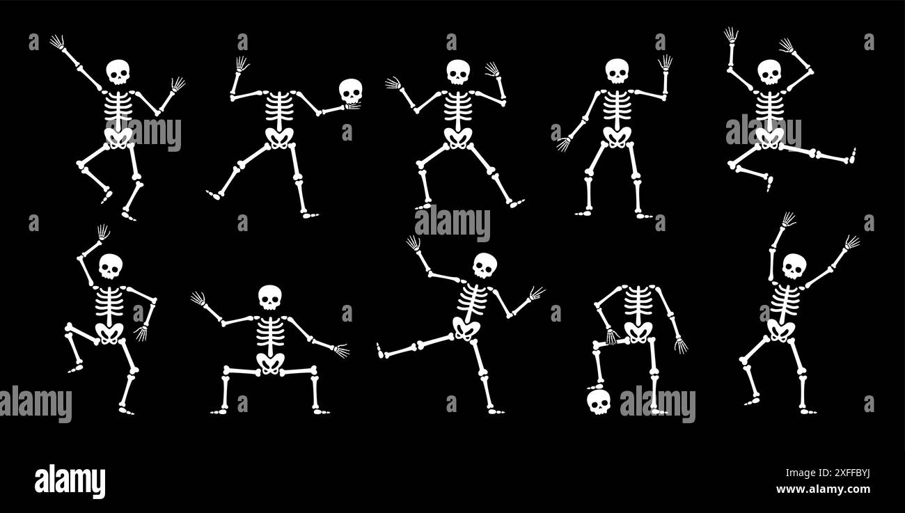 Halloween skeleton dance. Vector set of funny characters in different ...