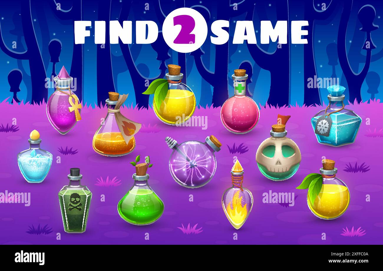 Find two same Halloween magic potion bottles, kids game worksheet ...