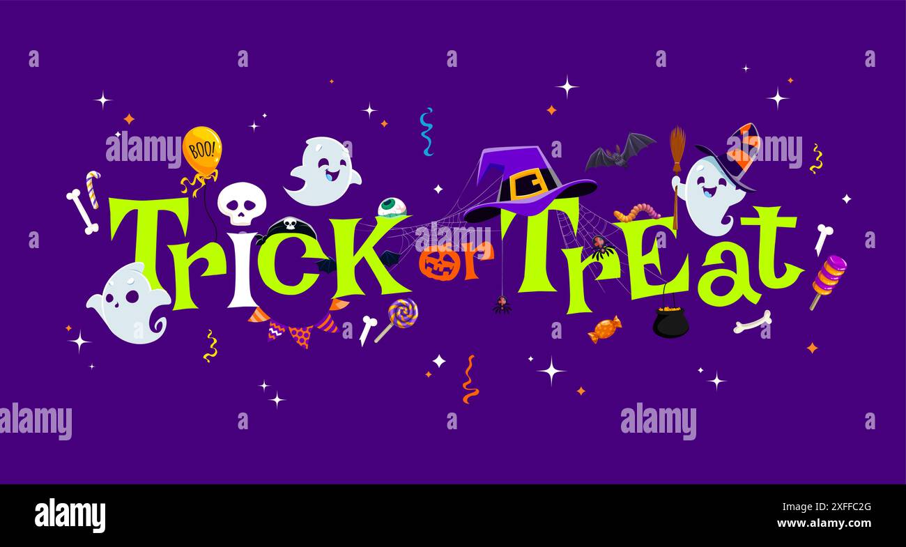 Halloween trick or treat banner with funny kawaii ghosts and candies ...