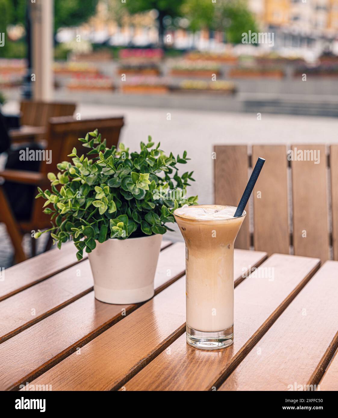 Delicious iced coffee enjoying the summer vibes on a cafe terrace Stock ...