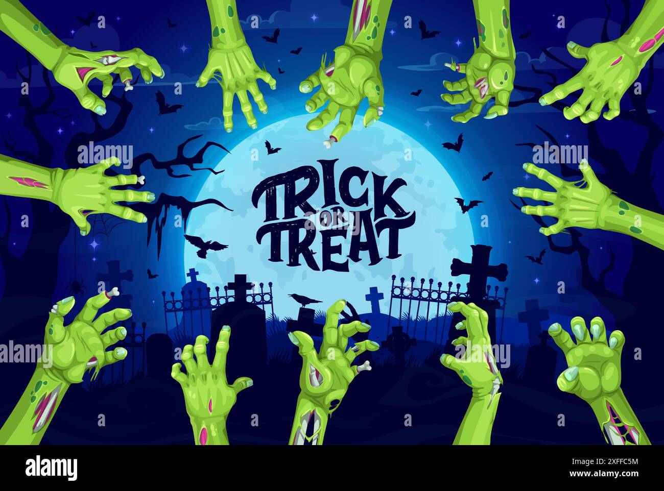 Halloween cemetery, zombie hands and midnight moon. Happy Halloween ...