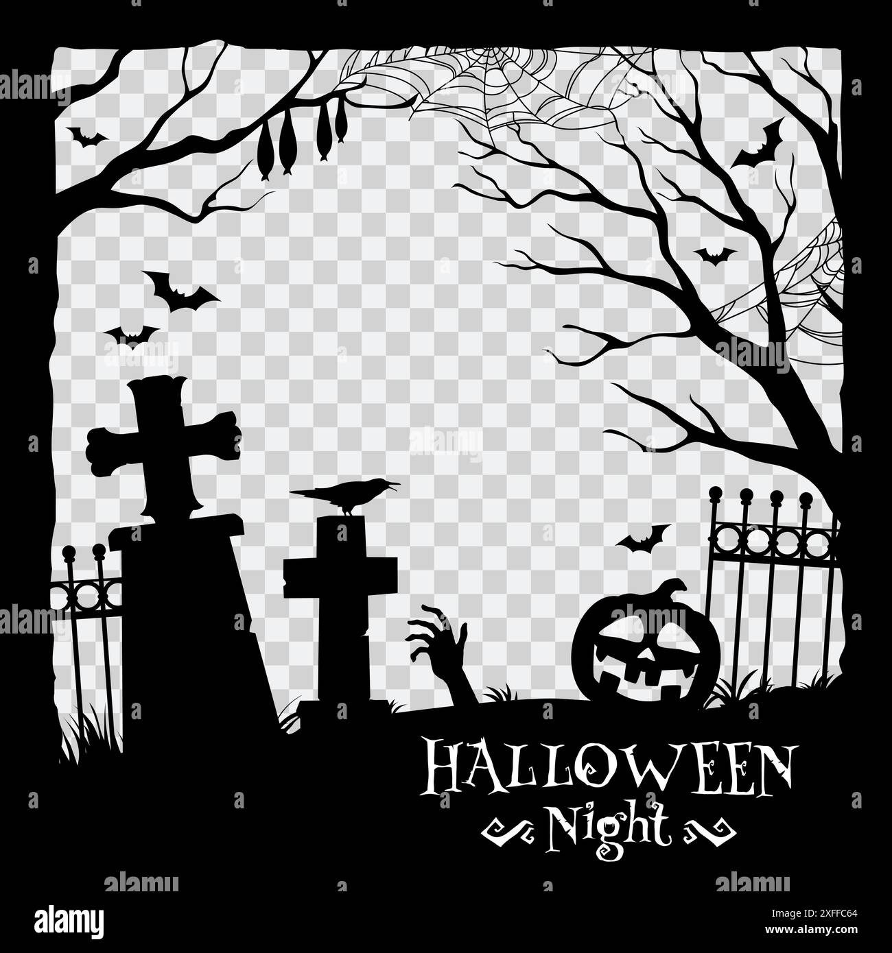 Halloween social media post frame template for holiday, vector cemetery ...