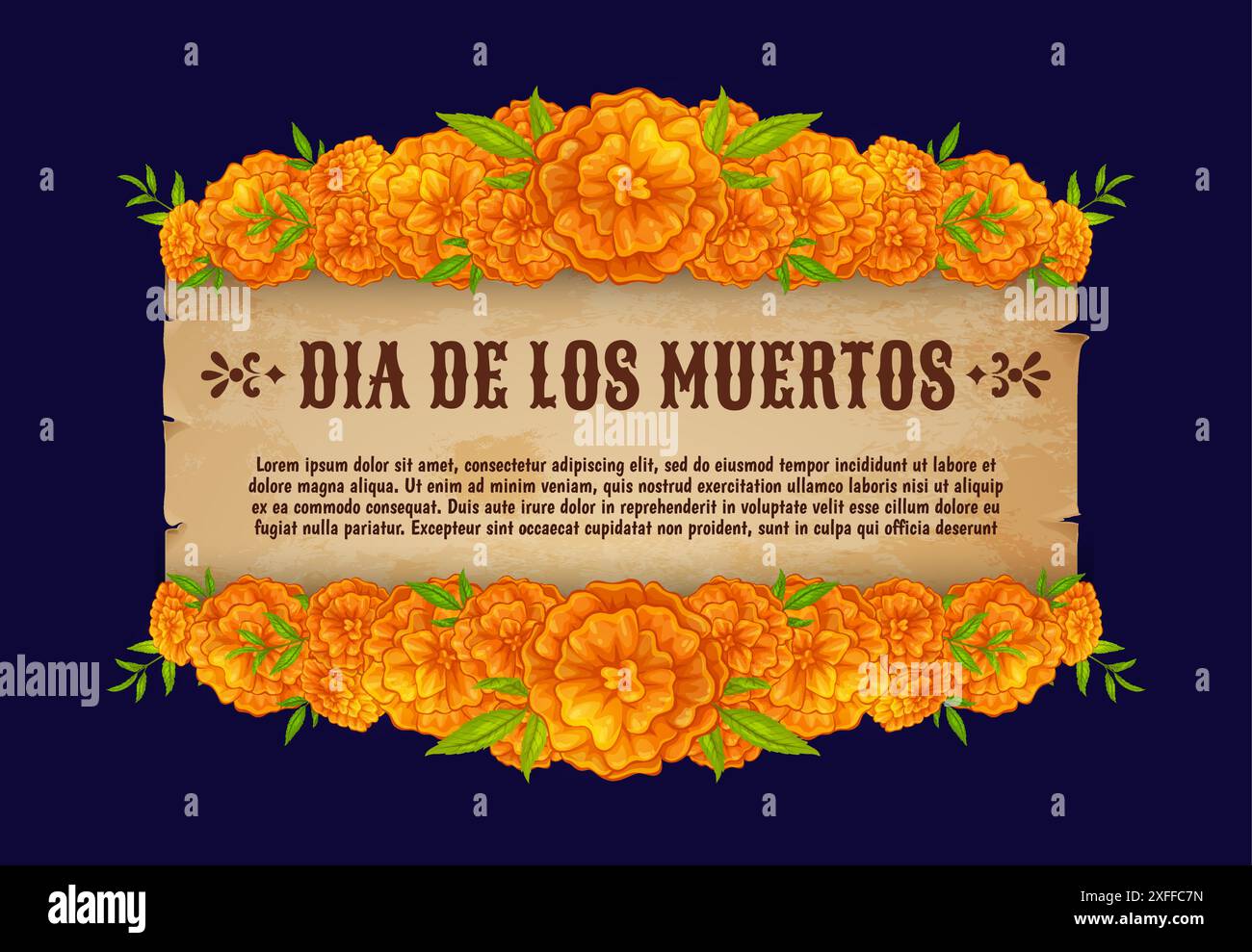 Day of the dead banner with manuscript scroll and marigold flowers for ...