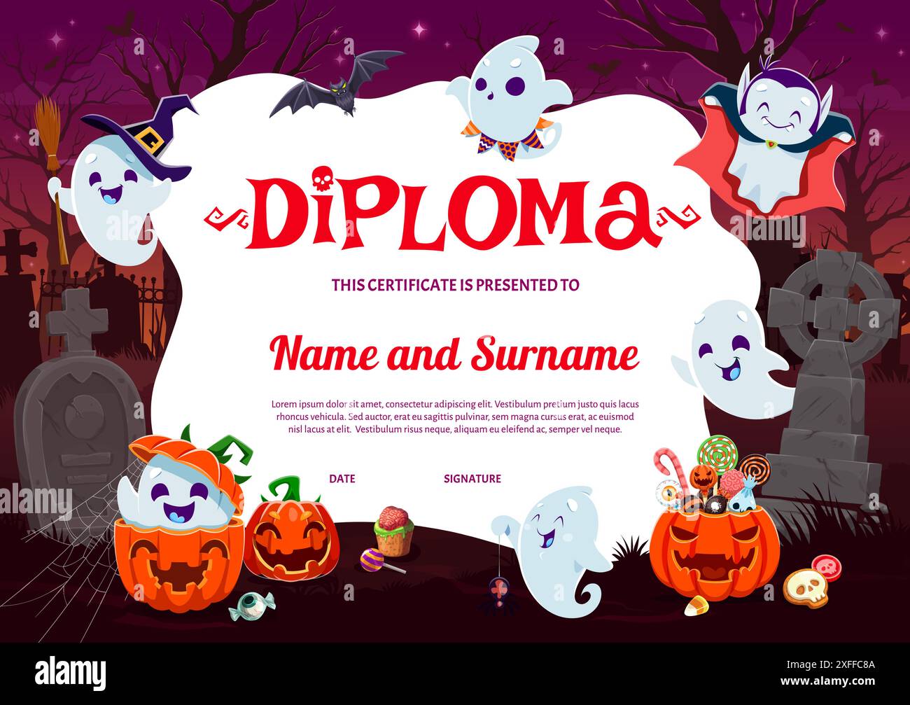 Halloween kids diploma with cartoon cute kawaii ghosts and tombstones ...