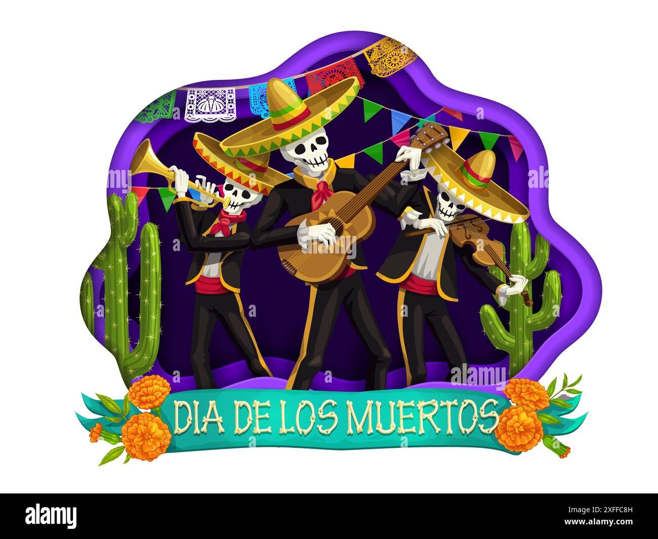 Mexican day of the dead dia de los muertos paper cut with skeleton ...