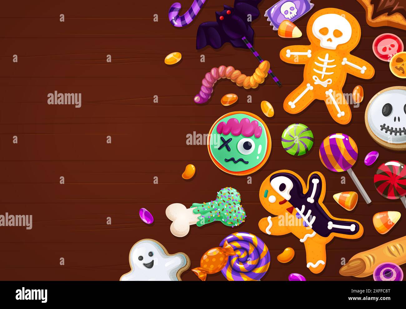 Halloween sweets, candies and pumpkin cookies vector background of ...