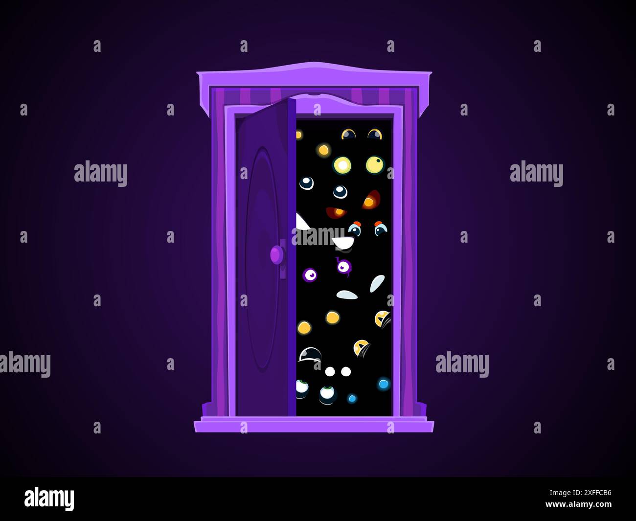 Halloween door with monster eyes, gleaming in darkness. Vector eerie ...