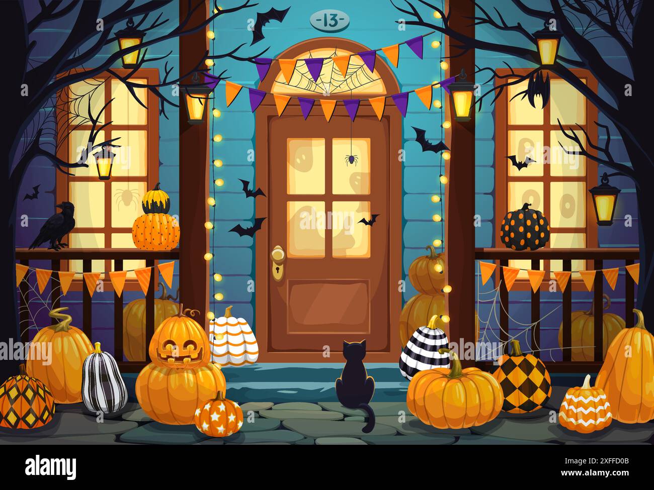 Halloween door porch with patterned pumpkins and scary ghosts ...