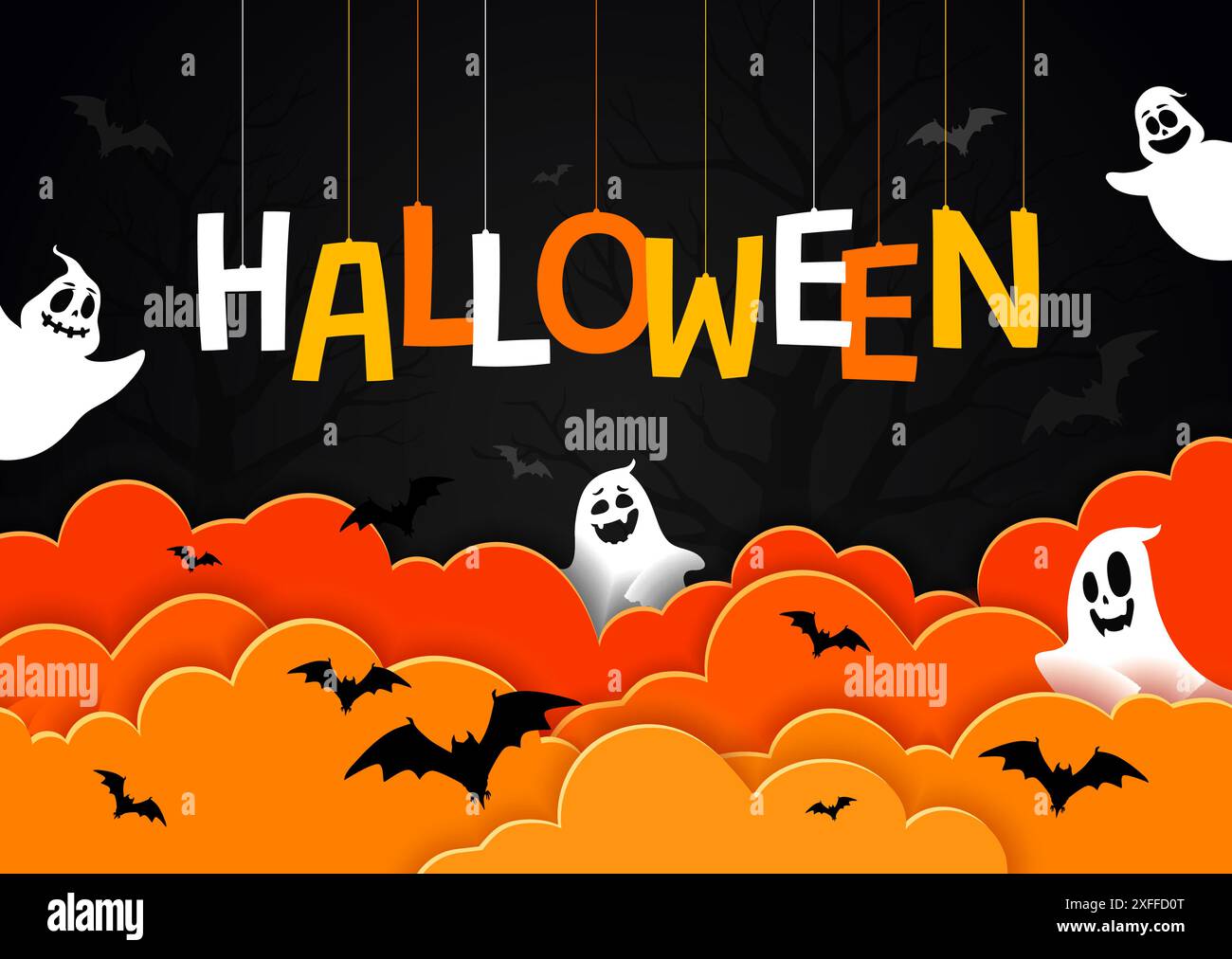 Halloween paper cut banner with hanging letters and flying ghosts ...