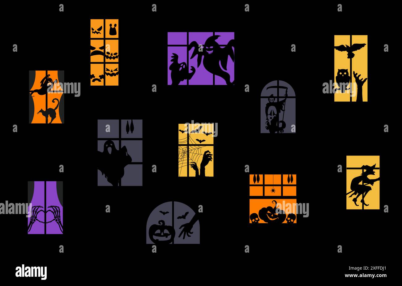 Halloween windows, scary, silhouettes. Vector haunted house facade with ...