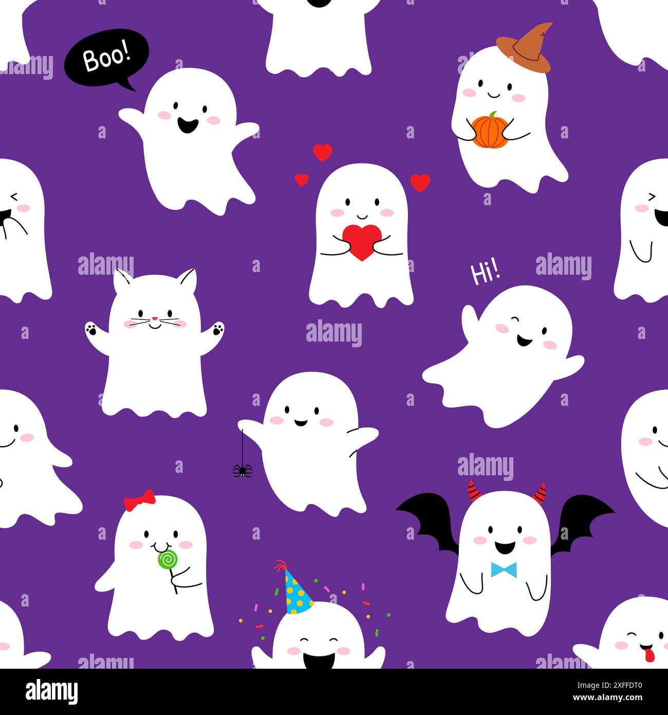 Halloween kawaii ghosts characters seamless pattern. Cartoon cute ...