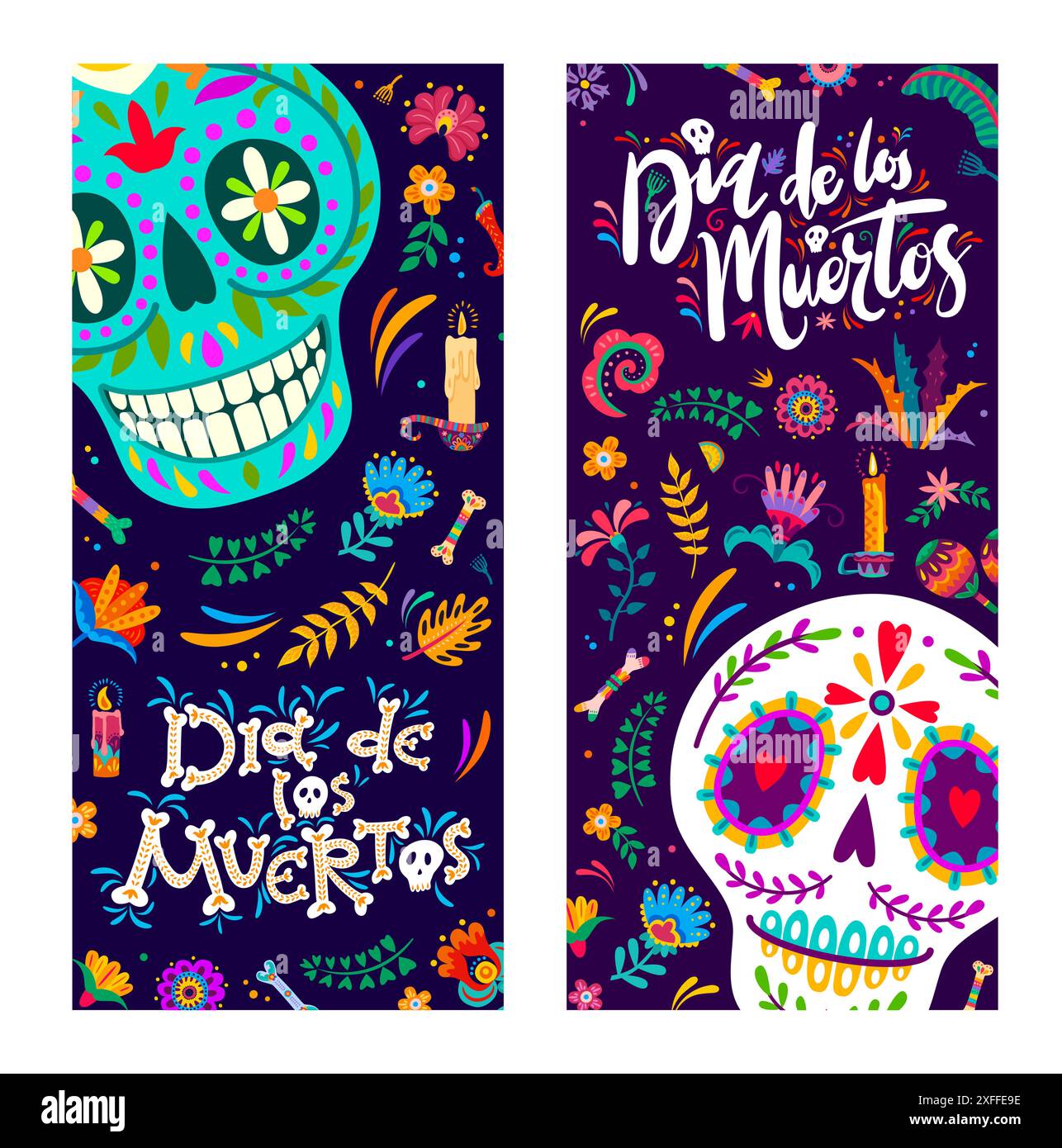 Day of the dead Mexican holiday banners, dia de los Muertos calavera ...