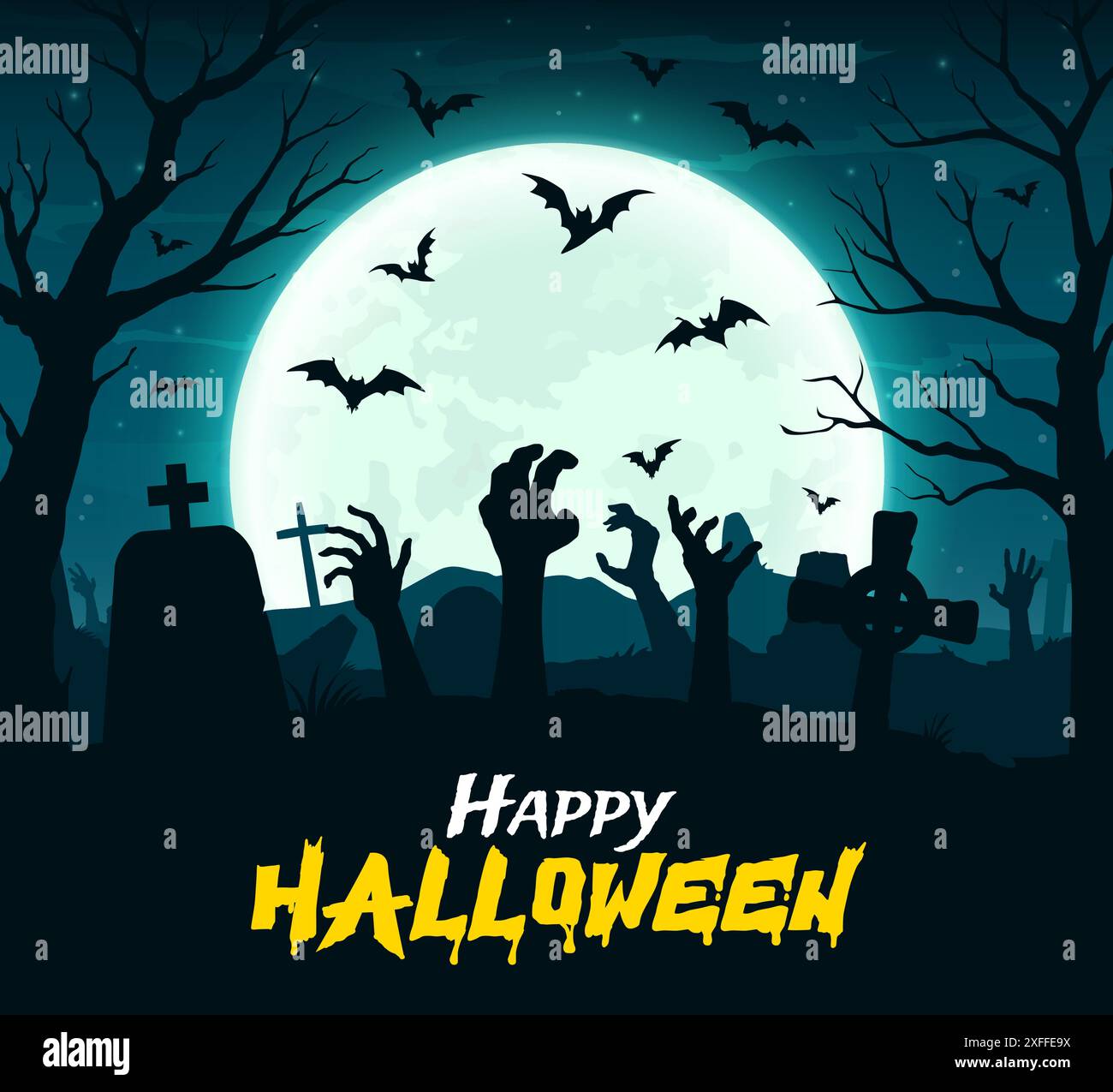 Zombie hands on Halloween night cemetery landscape. Happy Halloween ...