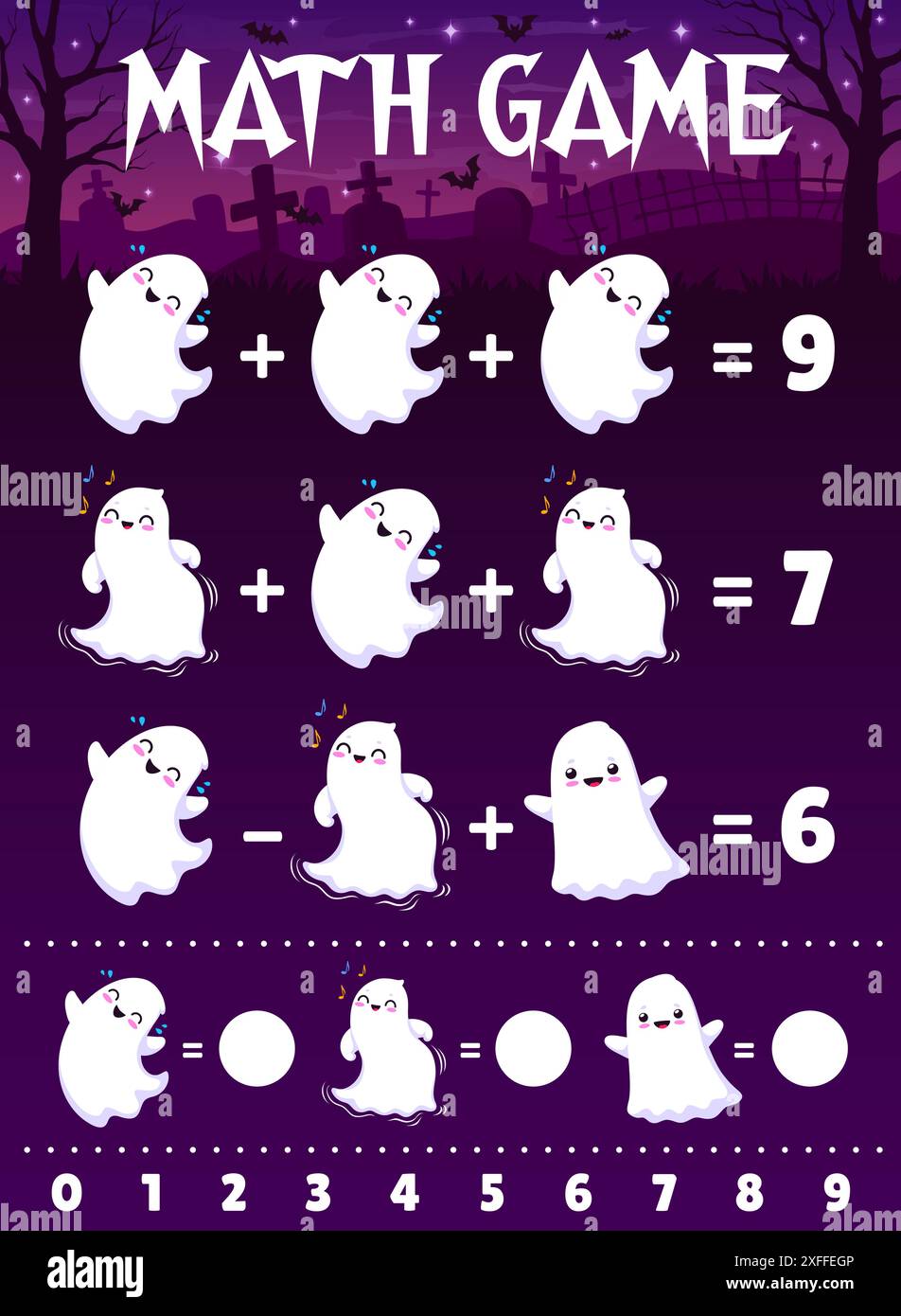 Halloween math game, funny kawaii ghost characters kids education ...
