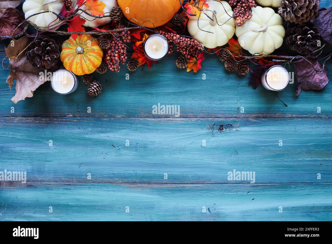Thanksgiving decorated banner table shot from flat lay or top view ...