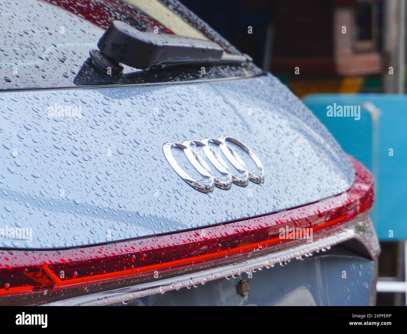 June 26 2024, Vientiane, Laos - Close-up of a luxury white Audi car and ...