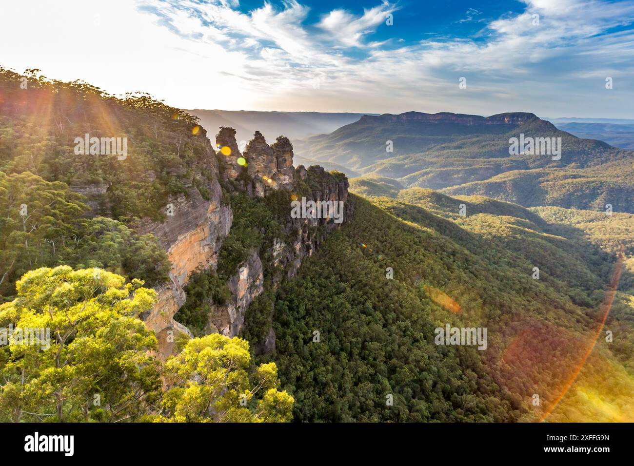 A panoramic view of the Three Sisters rock formation in the Blue ...