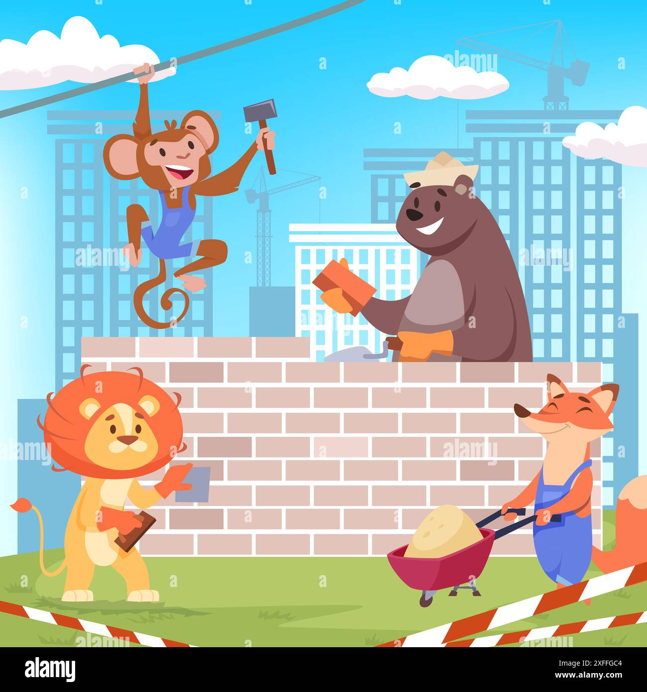 animals builders. fox bear lion and monkey home repair cartoon vector ...