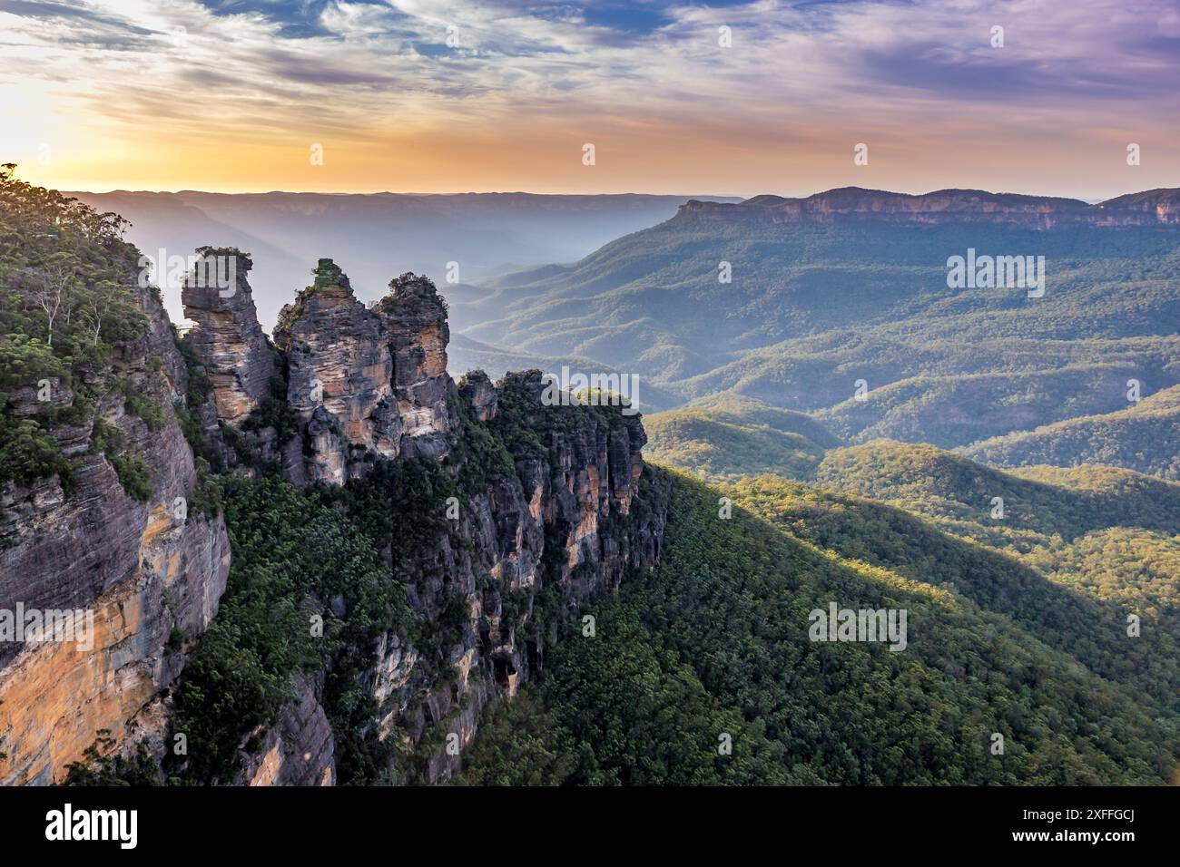A panoramic view of the Three Sisters rock formation in the Blue ...