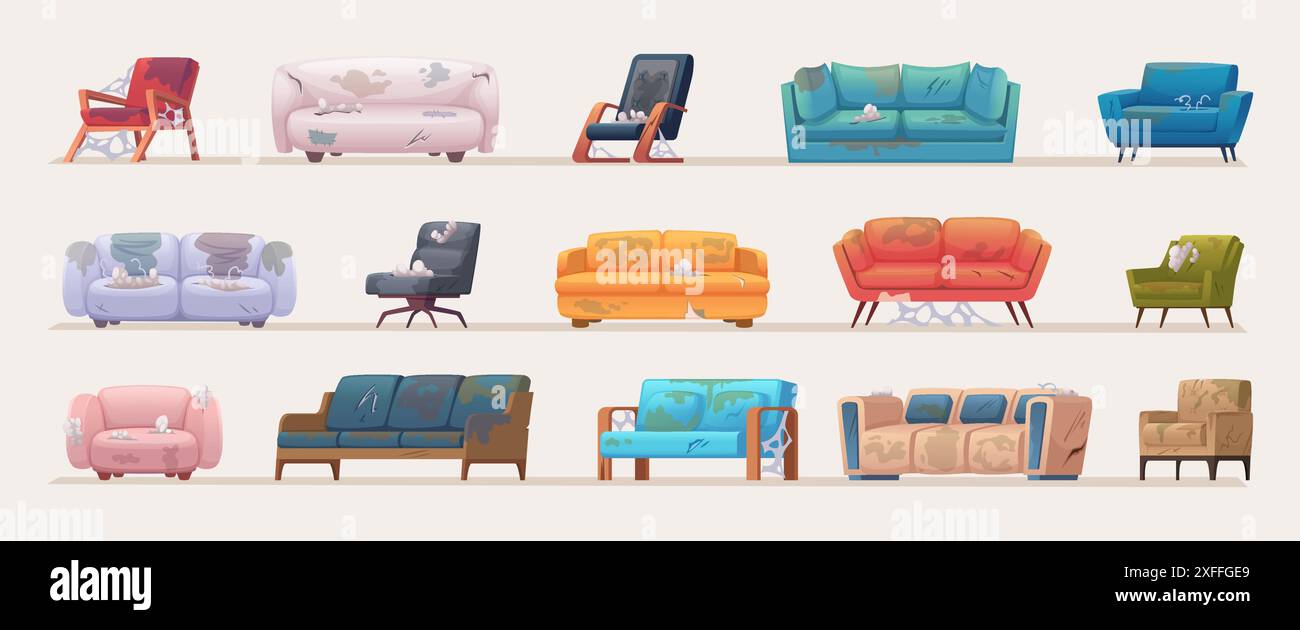 Broken sofa. Damaged dirty soft furniture broken couches exact vector ...