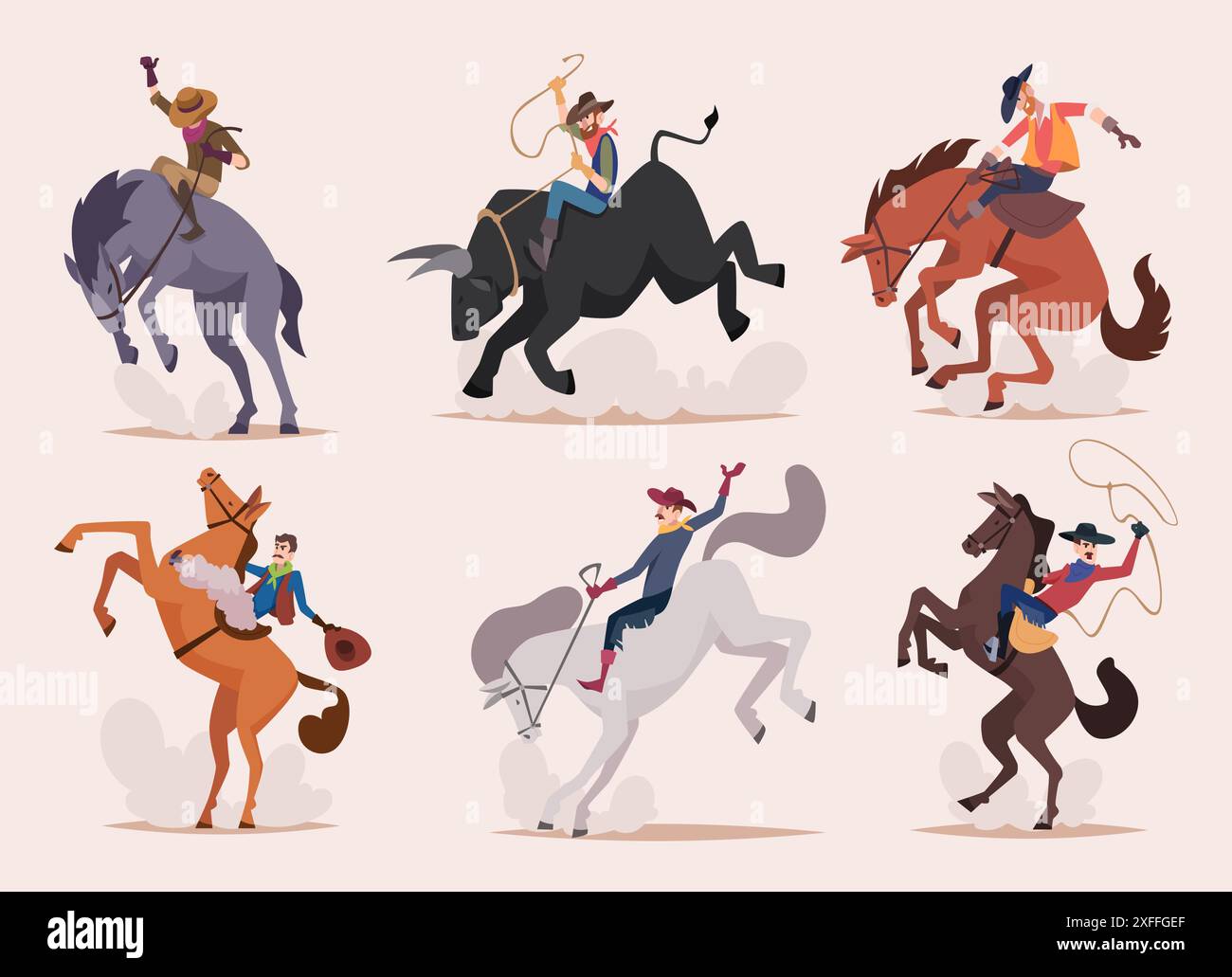 Cowboy. Wild bull riders man with lasso riding on horse exact vector ...