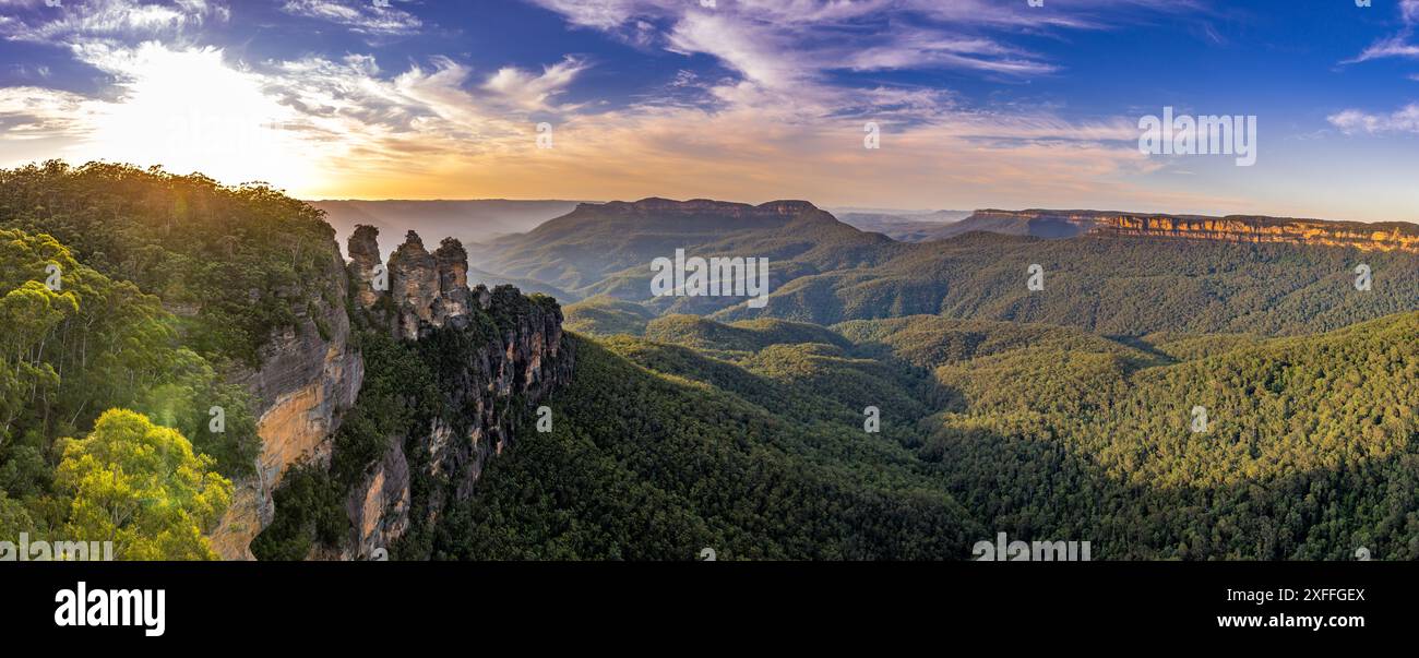 A panoramic view of the Three Sisters rock formation in the Blue ...