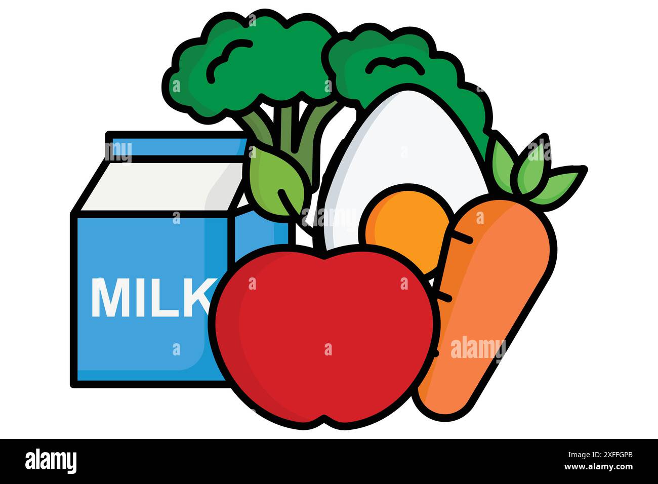 Healthy food icon. broccoli, milk, eggs, apple, carrot. icon related to ...