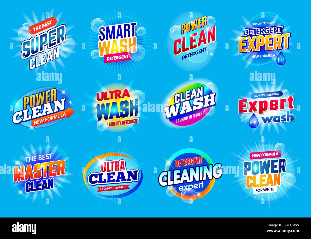 Laundry service logo. Soap detergent new formula badges for package ...