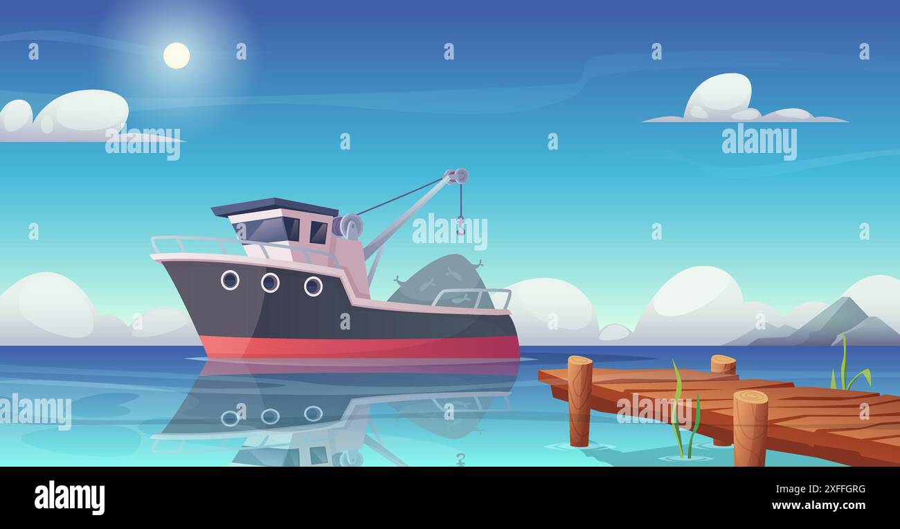 Fishing in sea. Cartoon background of marine landscape with fisher ...
