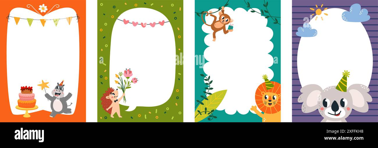 Kids birthday invitation party cards. Children frames with empty white ...