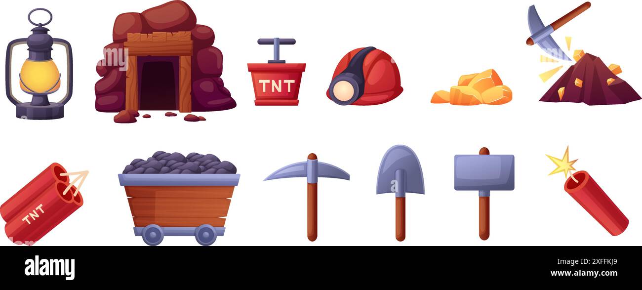 Cartoon mining tools. Mine equipments, shovel and pick, dynamite tnt ...